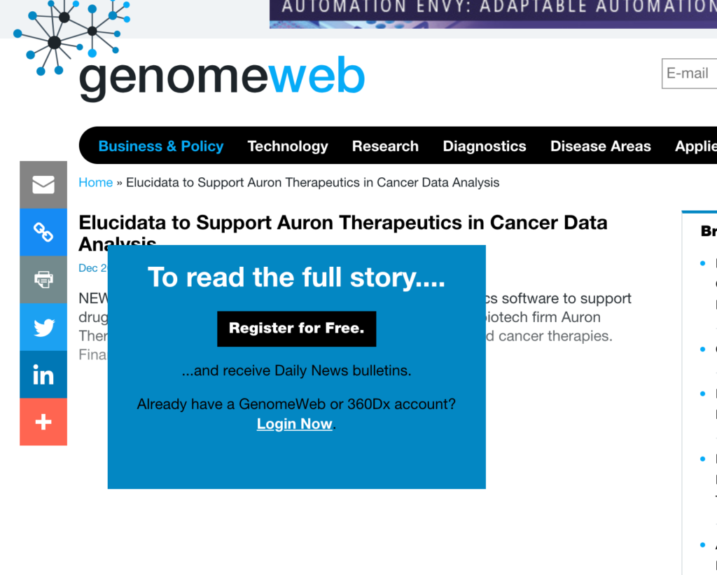 GenomeWeb, Elucidata to Support Auron Therapeutics in Cancer Data ...